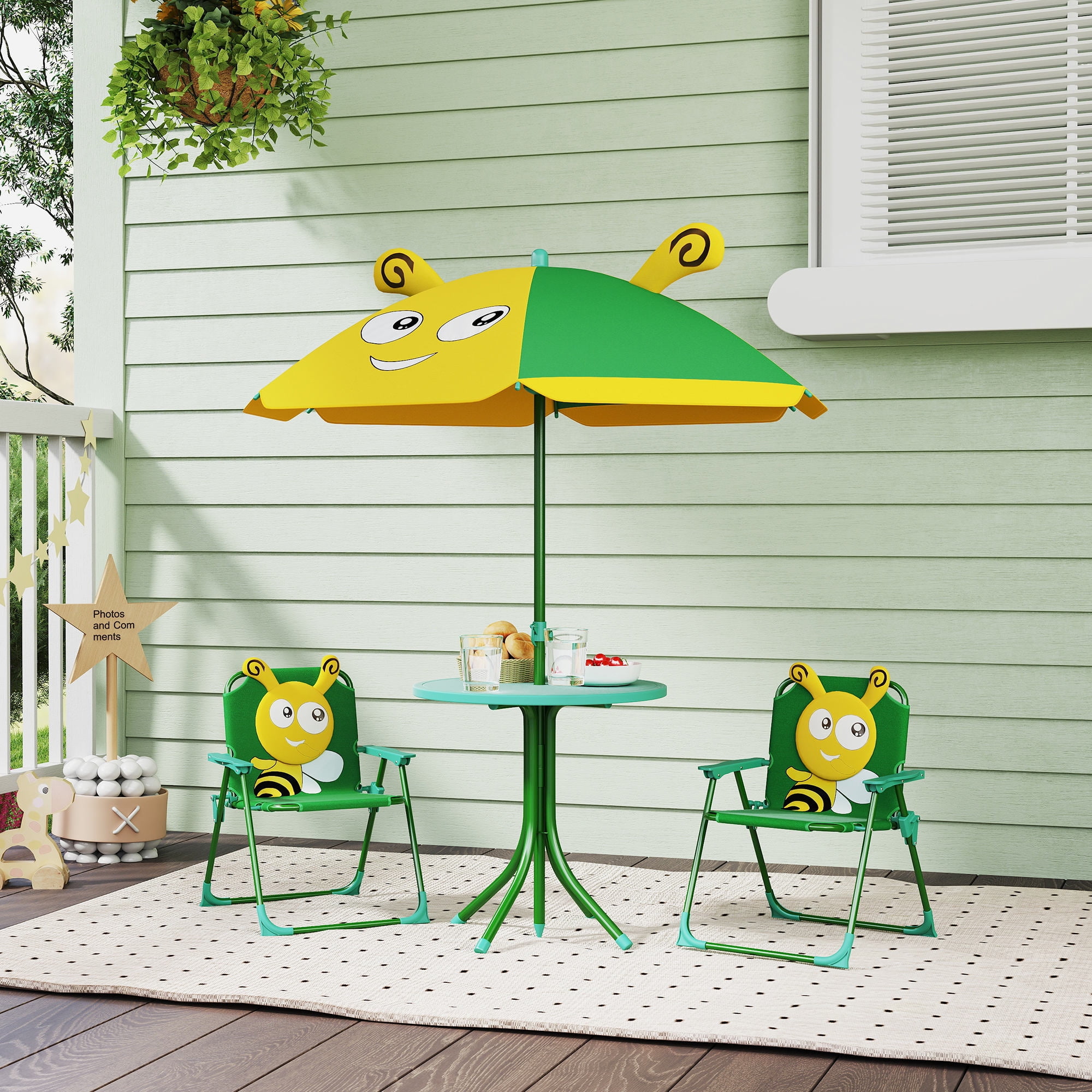 Qaba Kids Picnic Table and Chair Set, Bee Pattern Outdoor Activity ...
