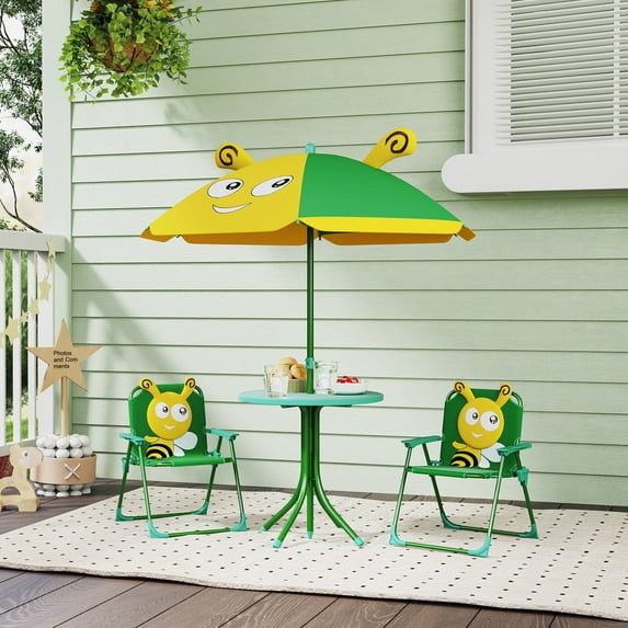 Qaba Kids Picnic Table & Chair Set, Bee Pattern, Adjustable Umbrella ...