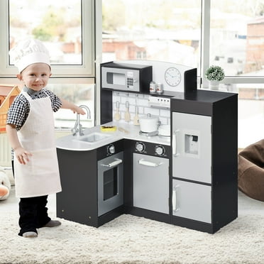 Costway 2-in-1 Kids Play Kitchen & Restaurant - Double-Sided Wooden Set ...