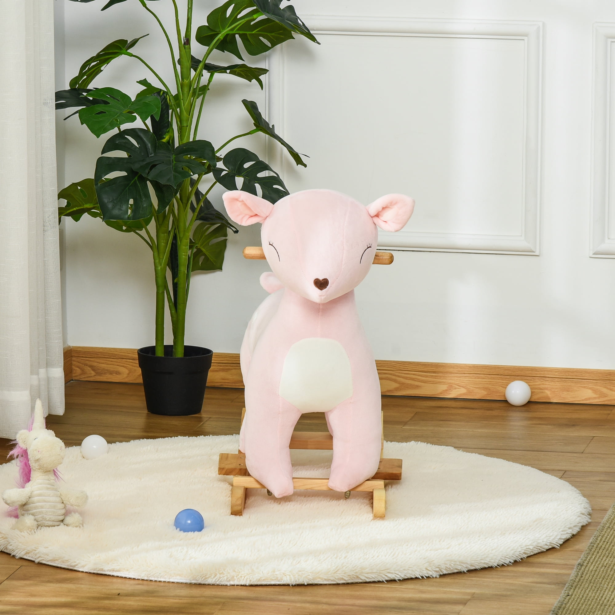 Qaba Kids Plush Ride-On Rocking Horse Deer-Shaped Plush Toy Rocker with ...