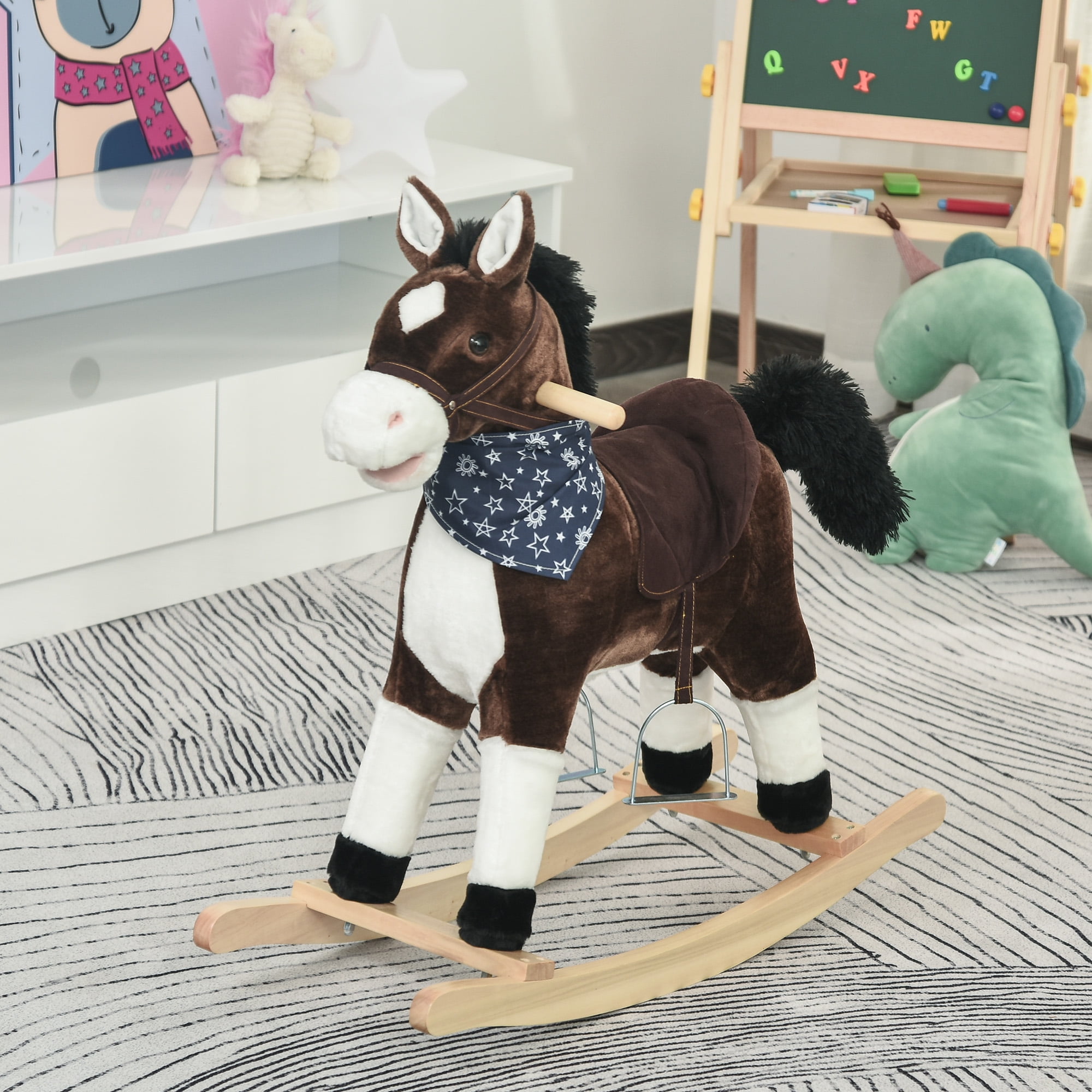 Qaba Kids Plush Ride-On Rocking Horse Toy for Toddlers with Realistic ...