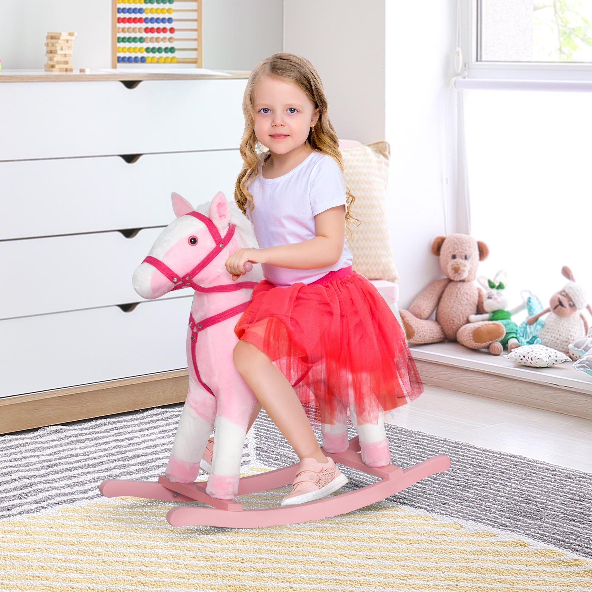 Qaba Kids Plush Toy Rocking Horse Pony Toddler Ride on Animal for Girls ...