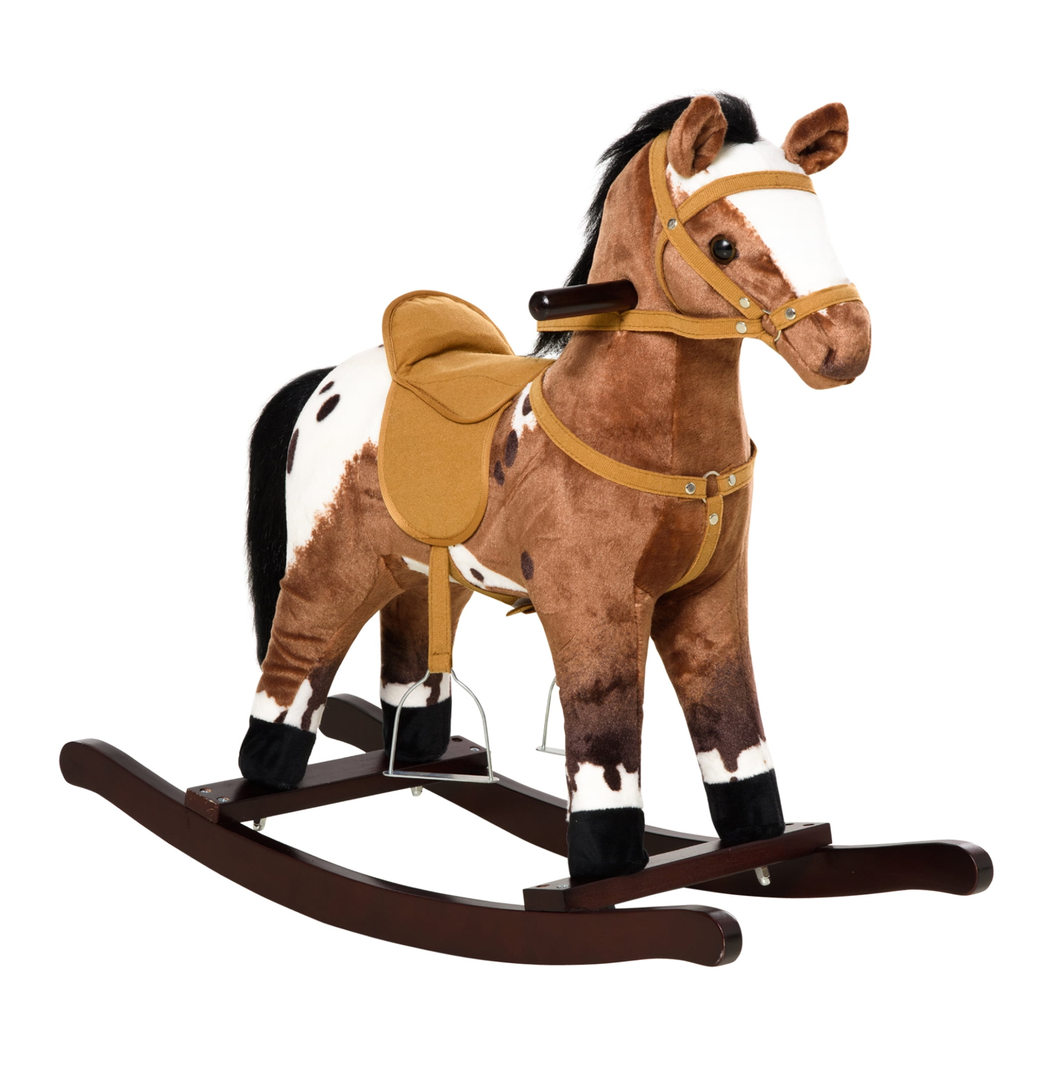 Qaba Kids Ride-On Rocking Horse - Plush Animal Toy with Sounds - Dark Brown/White - Ages 3 ...
