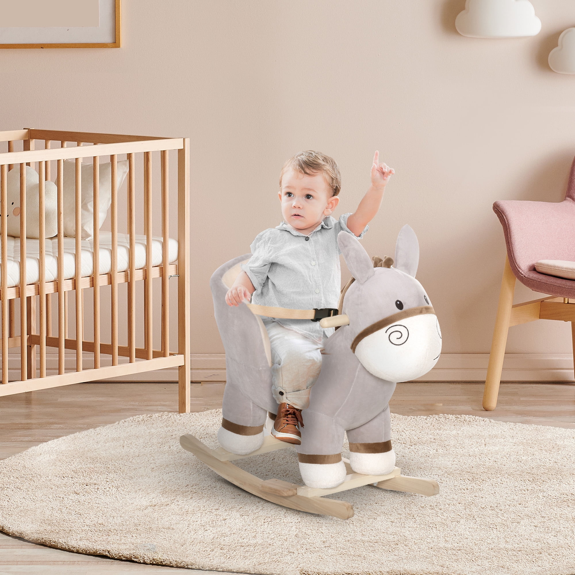 Qaba Kids Rocking Chair, Plush Ride On Rocking Horse Donkey with Sound ...