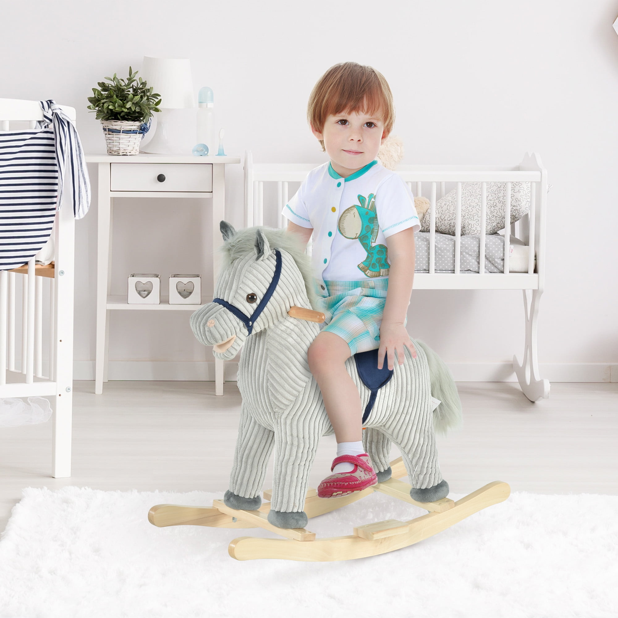 Qaba Kids Plush Ride Rocking Horse, Safety Toy for Infants, Toddlers 36 ...