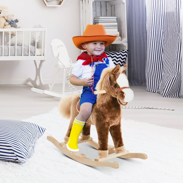 Qaba Kids Plush Rocking Horse, Child's Toddler Rocker, Wooden Base Ride ...