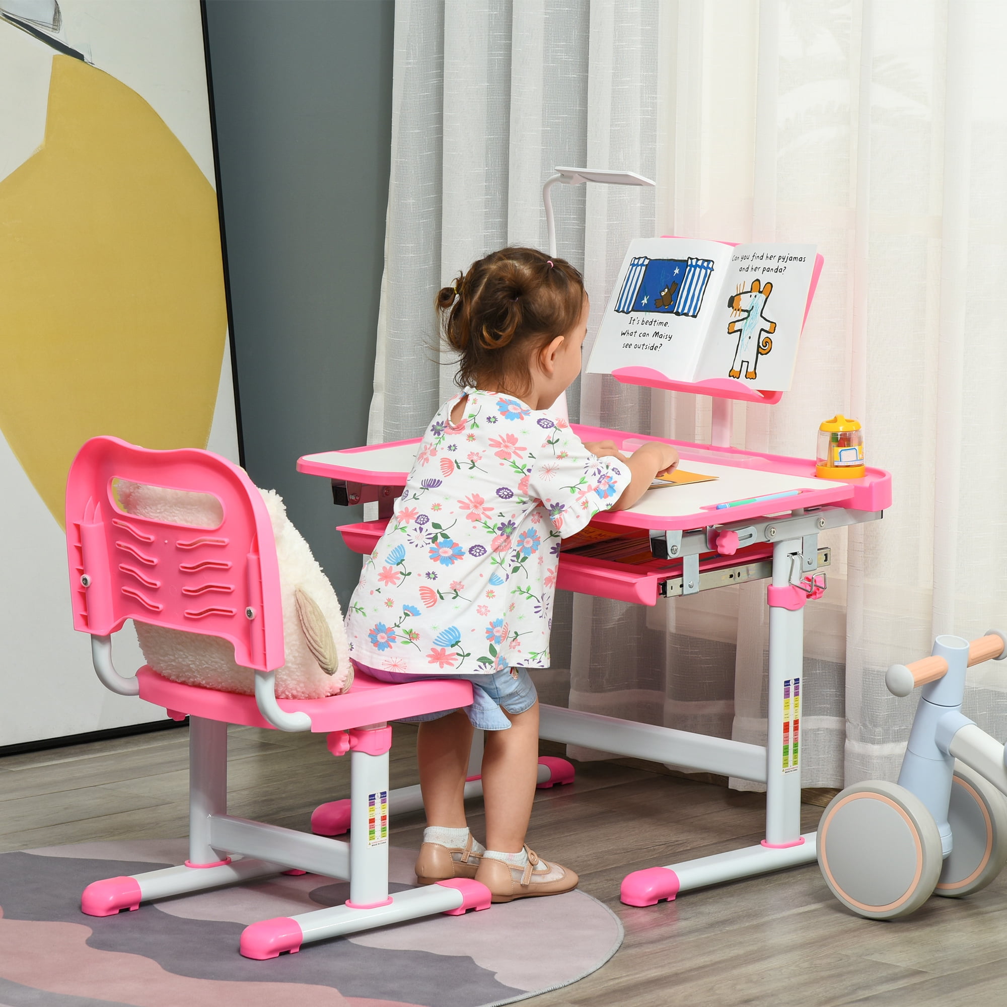 Qaba Child's Adjustable Reading Table and Chair Set with USB Light ...