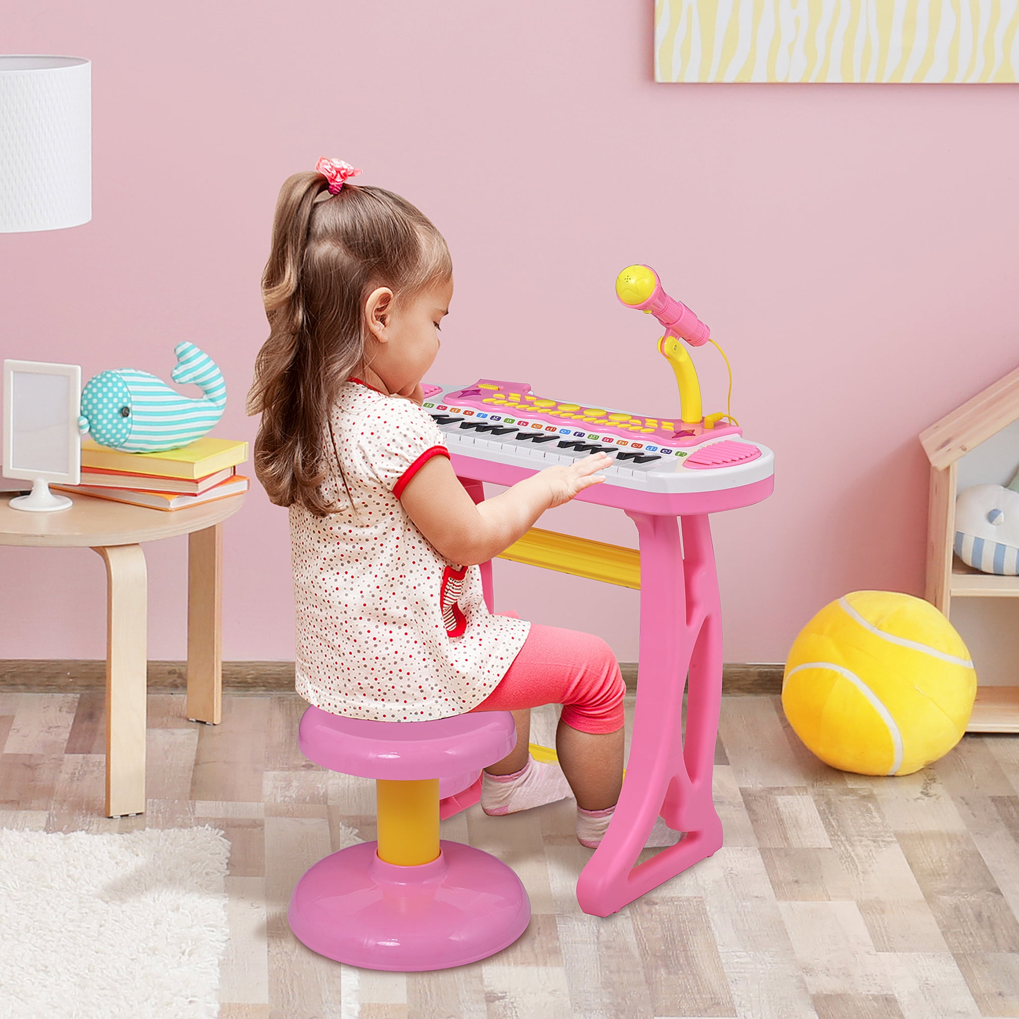 Qaba Kids Toy Keyboard Piano Toddler Electronic Instrument with Stool ...