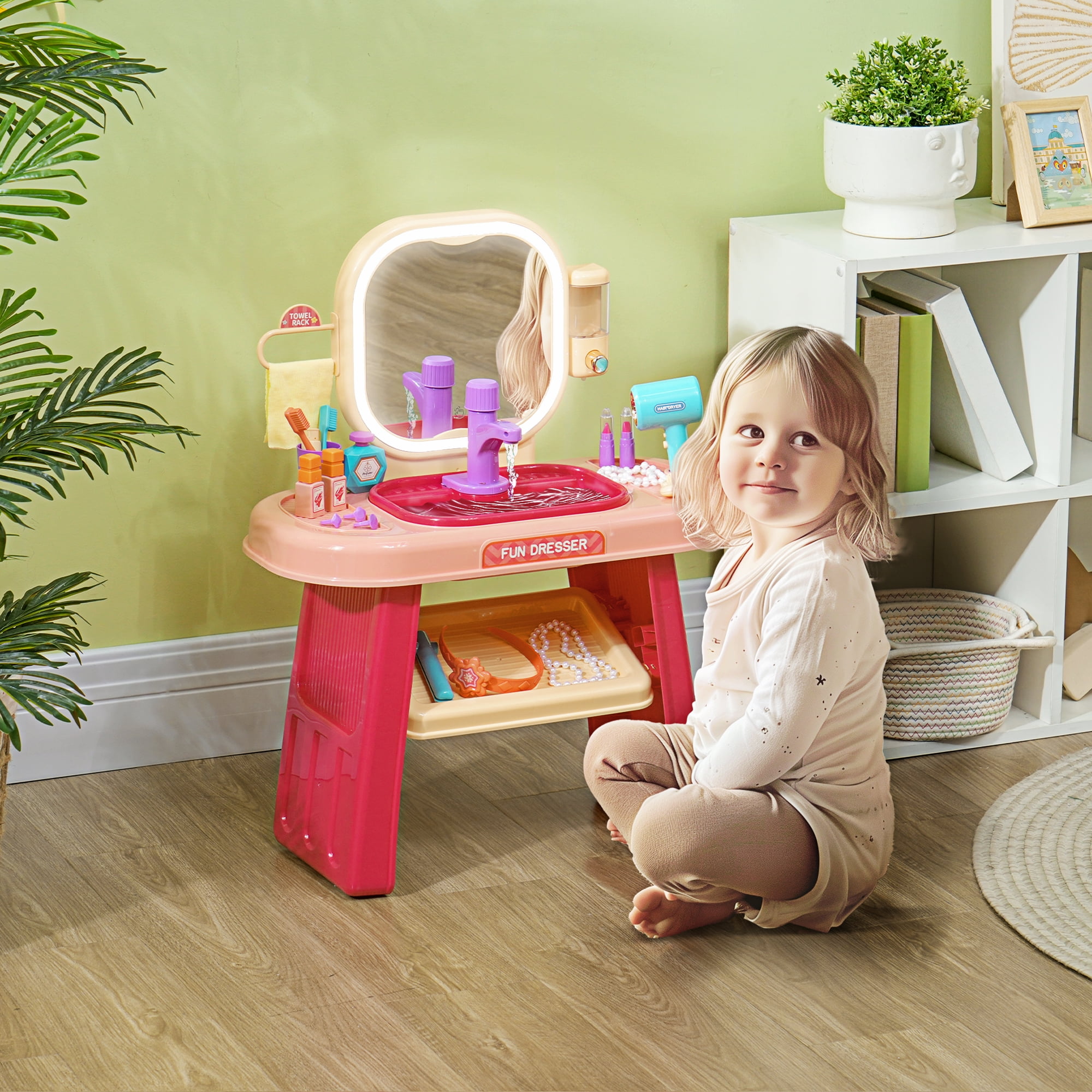 Qaba Kids Vanity Set, Toddler Makeup Table with Mirror, LED Light ...