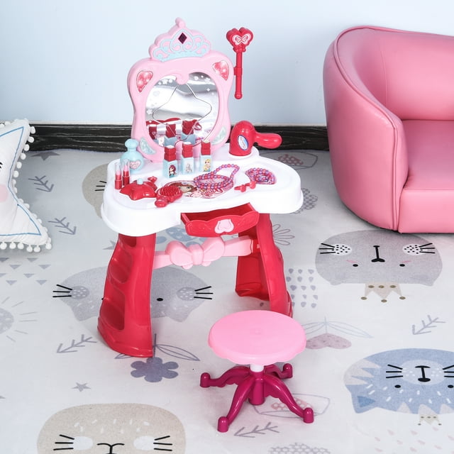 Qaba Kids Vanity Table and Stool Set with Lights and Mirror, Pink for 3 ...