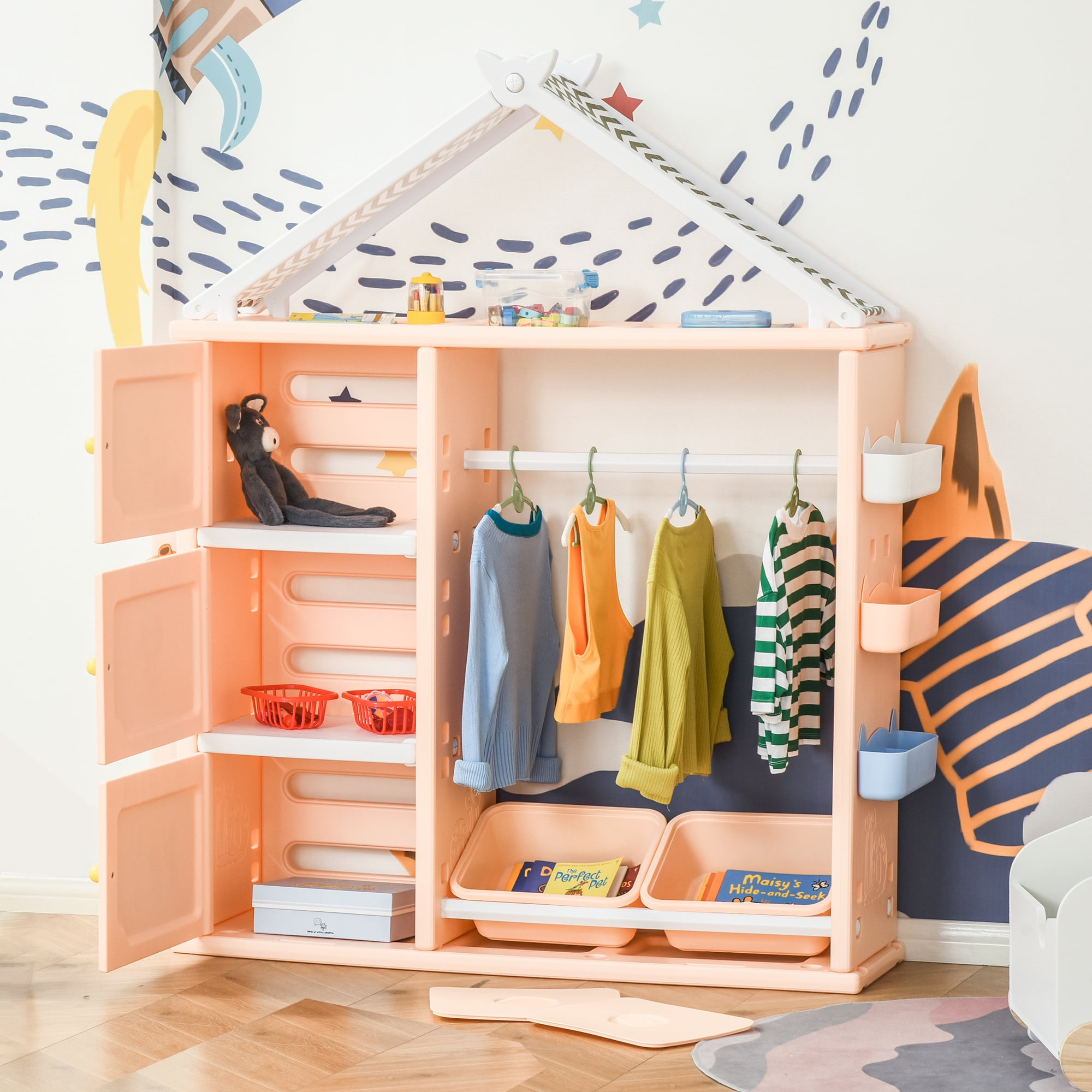 Qaba Kids Wardrobe Closet Pretend Costume Toy Storage Clothes Hanger ...