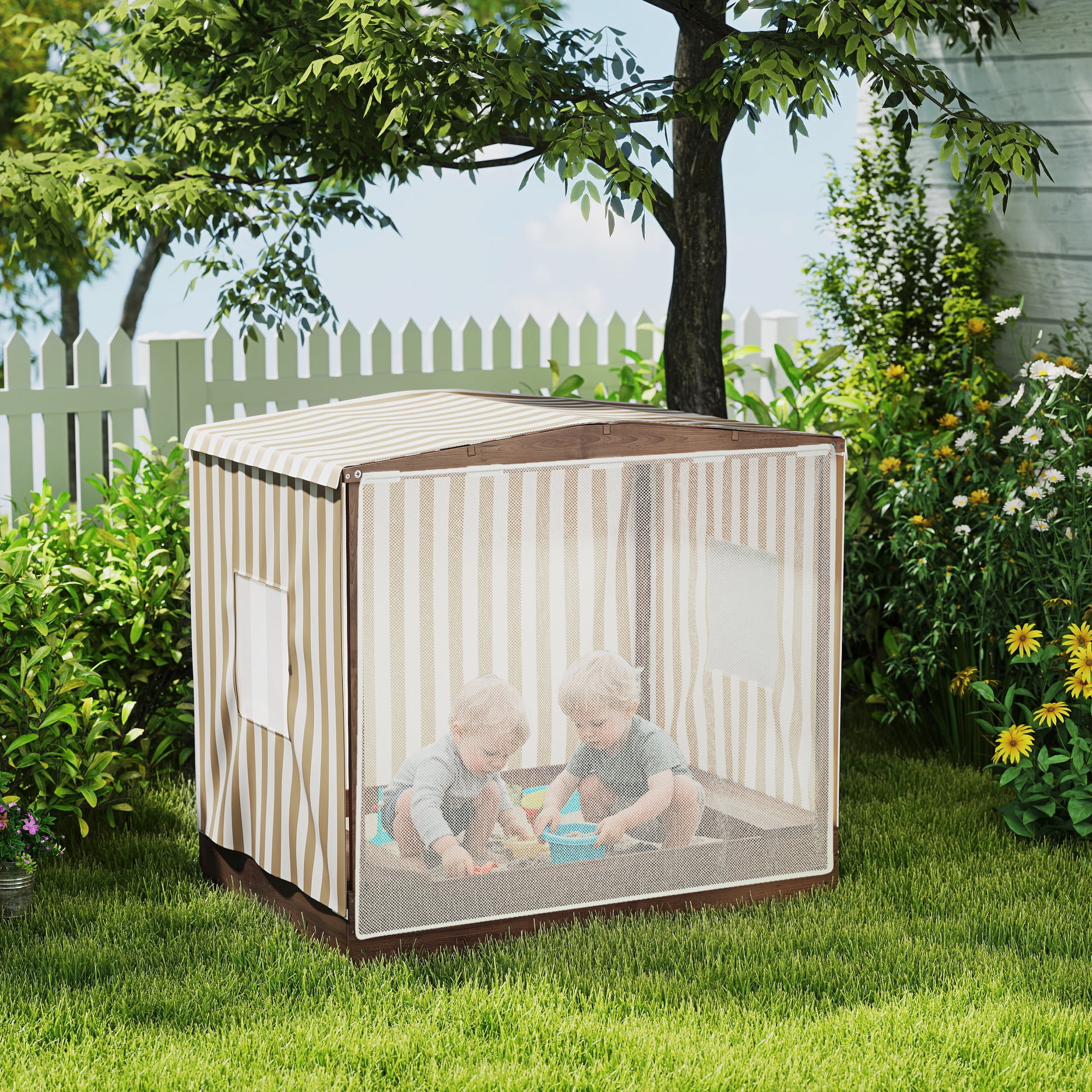 Qaba Kids Wooden Sandbox with Canopy Fully Covered, Outdoor Large Wood ...
