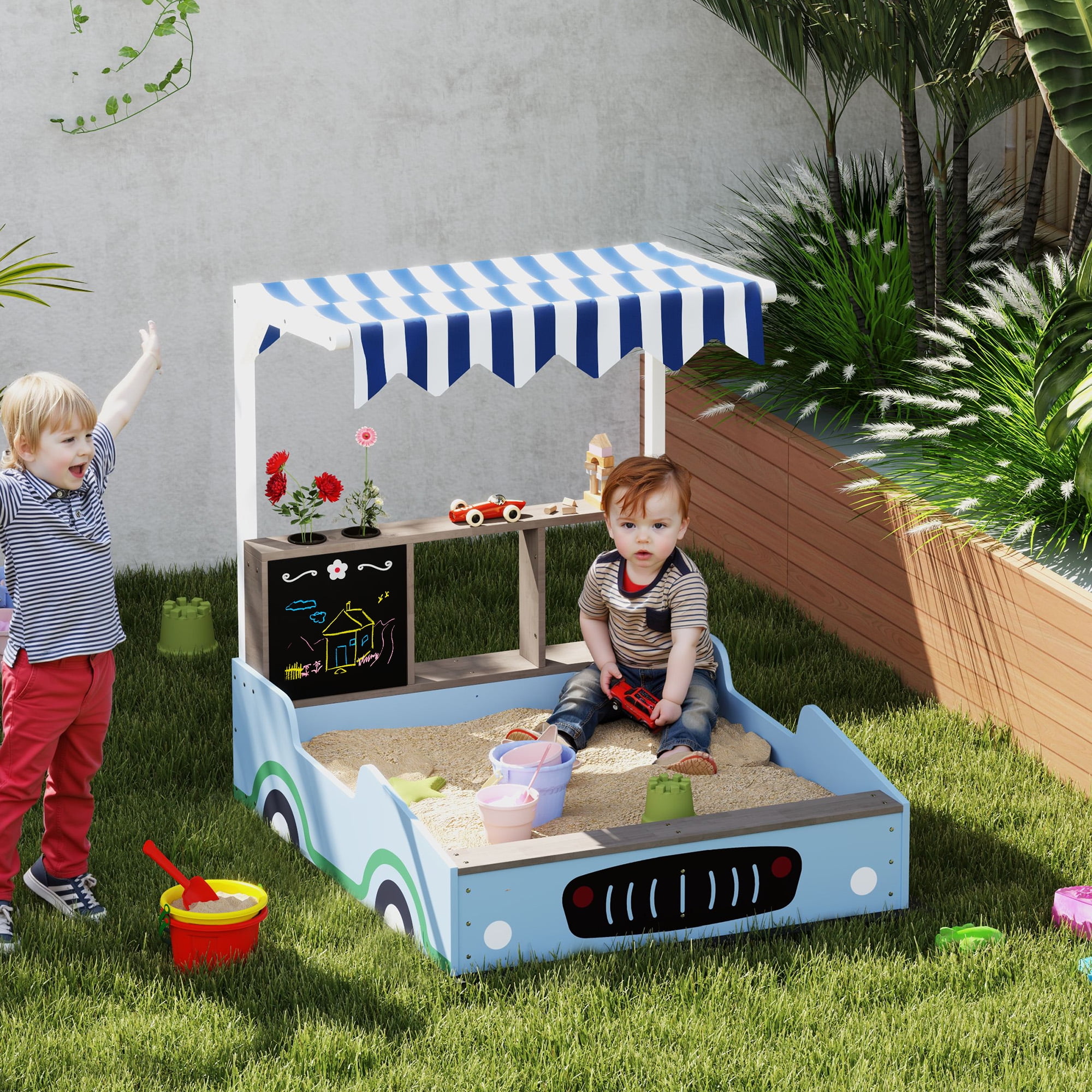 Qaba Kids Wooden Sandbox with Canopy, Grocery Store Outdoor Sand Box ...