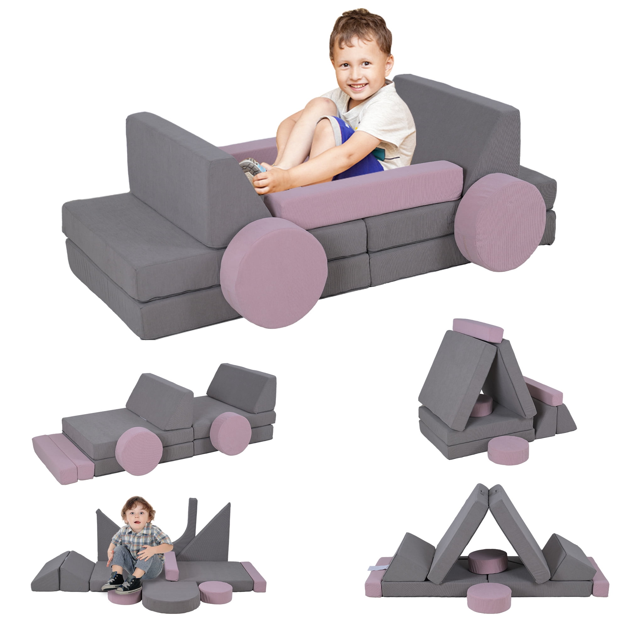 Qaba Modular Kids Play Couch,12 Pieces Kids Couch for Playroom Bedroom ...