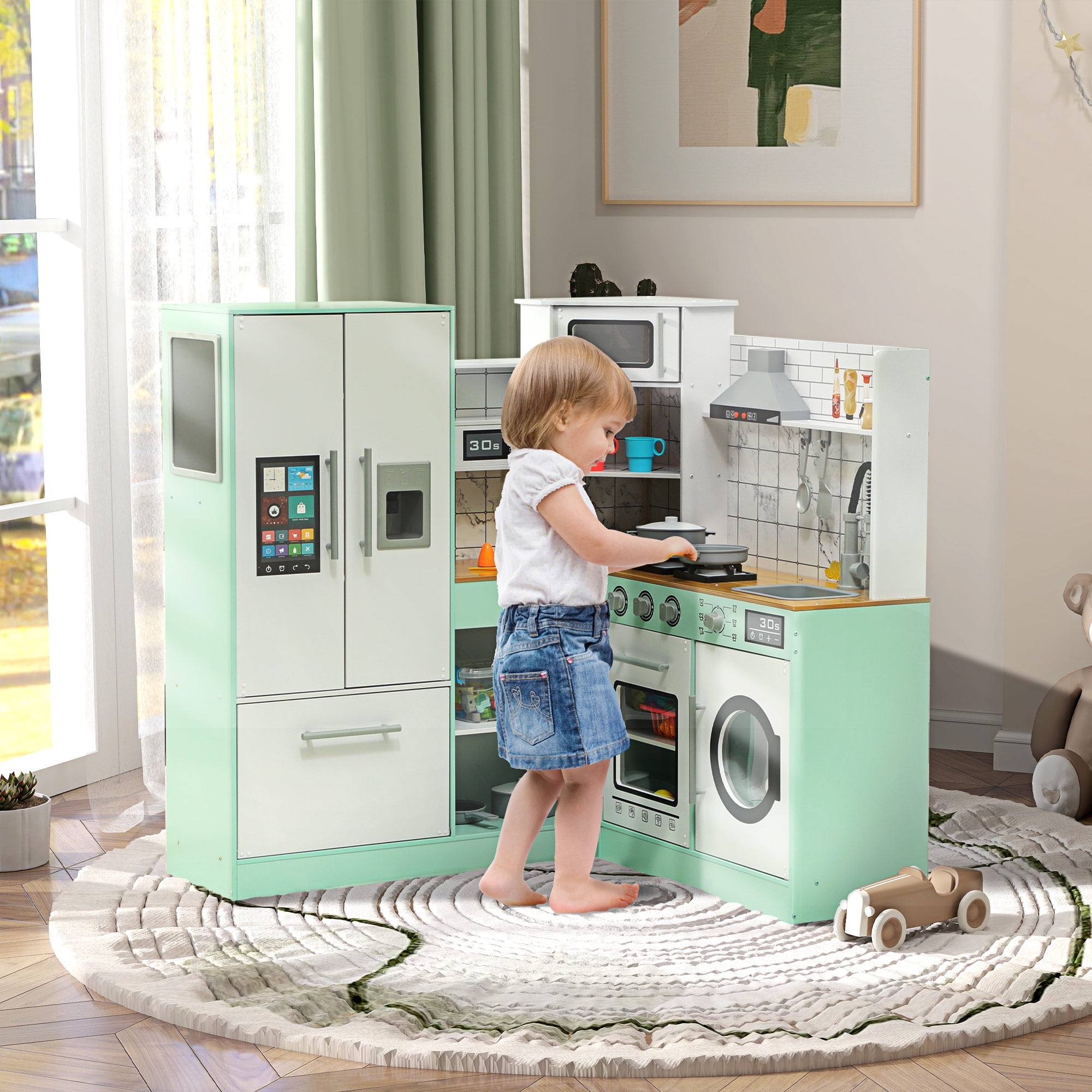 Qaba Play Kitchen, Corner Kids Kitchen Playset w/ Chalkboard, Range ...