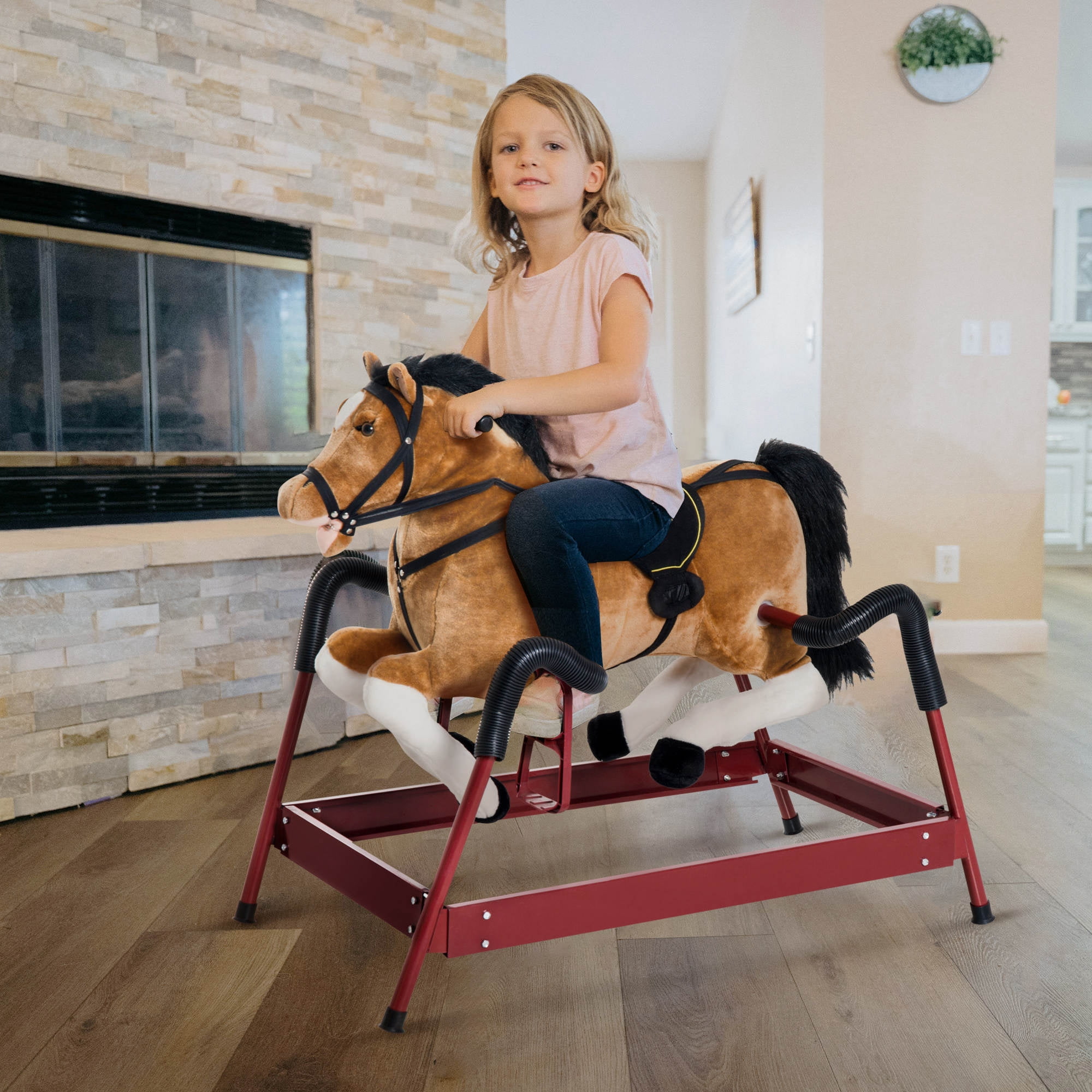 Qaba Kids Plush Toy Spring Rocking Horse with Realistic Sounds, Brown ...