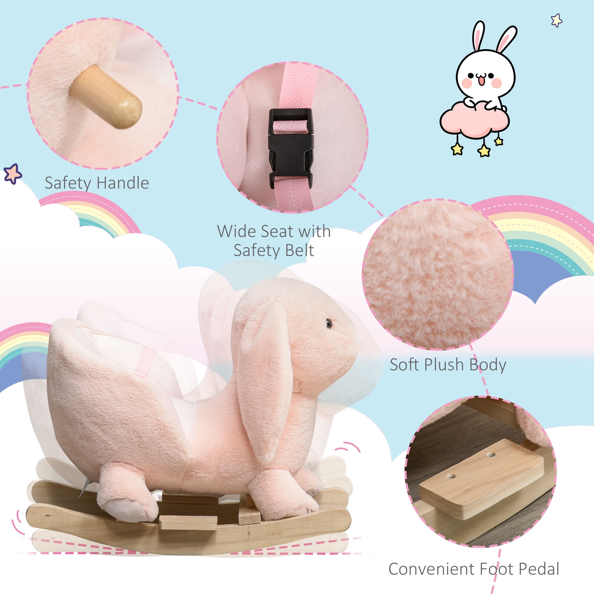 Pink Rabbit Rocking Horse - Plush Wooden Rocker with Sound & Seat Belt ...