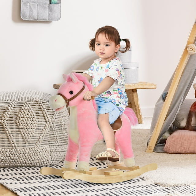 Qaba Kids Riding Toy - Plush Pink Animal Rocking Horse with Sounds on ...
