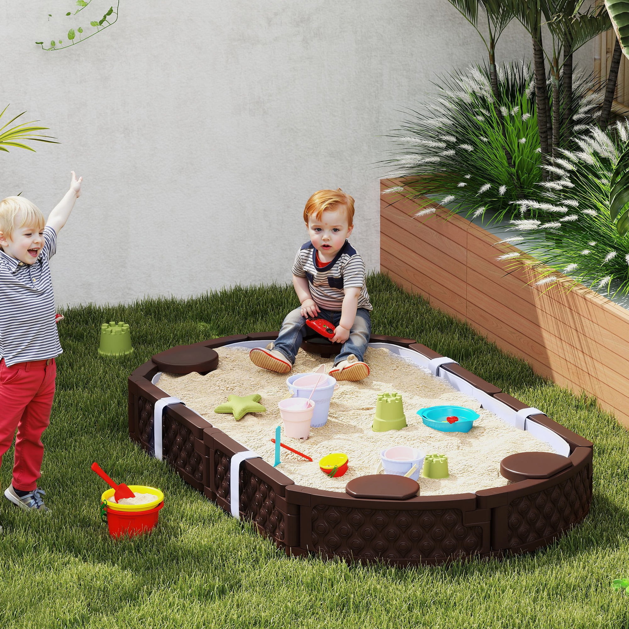 Qaba Sandbox for Kids, Outdoor Sand Pit with Cover, Built-in Seating ...