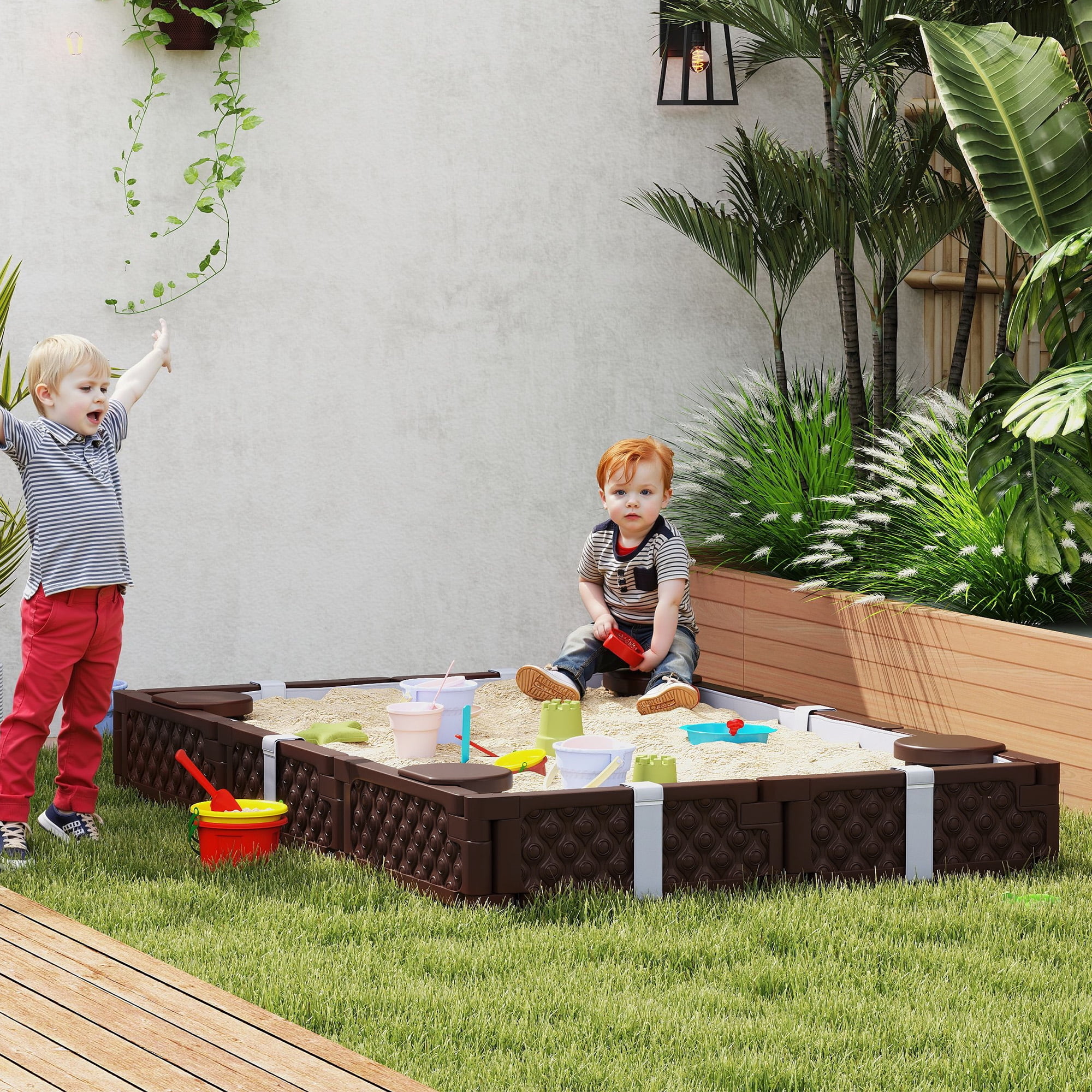 Qaba Sandbox for Kids, Outdoor Sand Pit with Cover, Built-in Seating ...