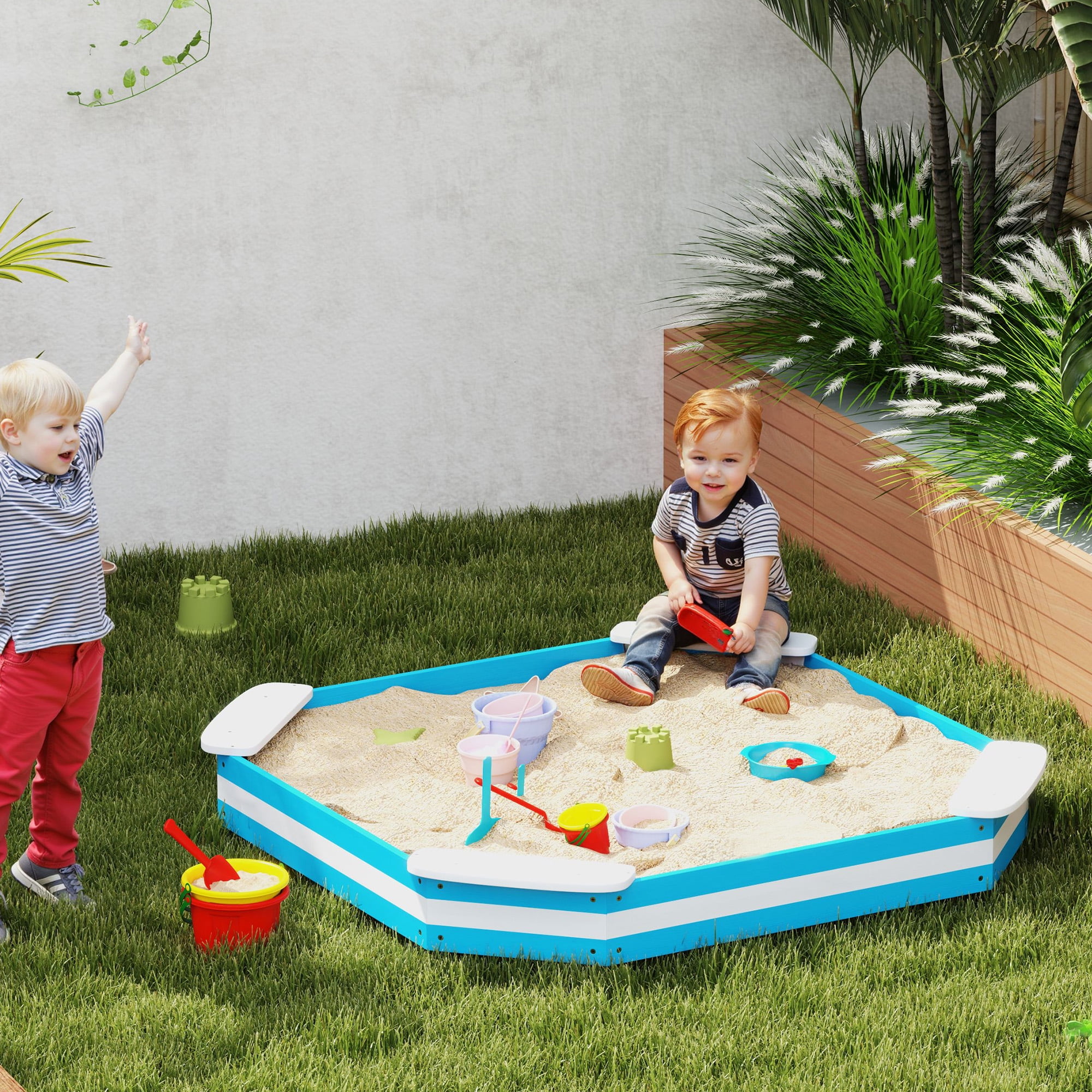 Qaba Sandbox for Kids, Outdoor Wooden Sand Pit with 4 Corner Seats ...