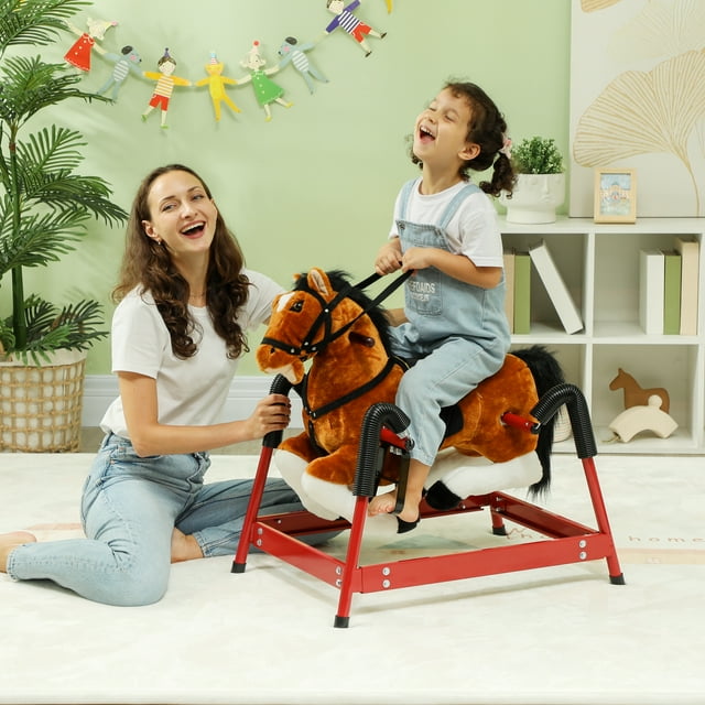 Qaba Spring Rocking Horse - Brown Plush Ride-on for Indoors - Walmart ...