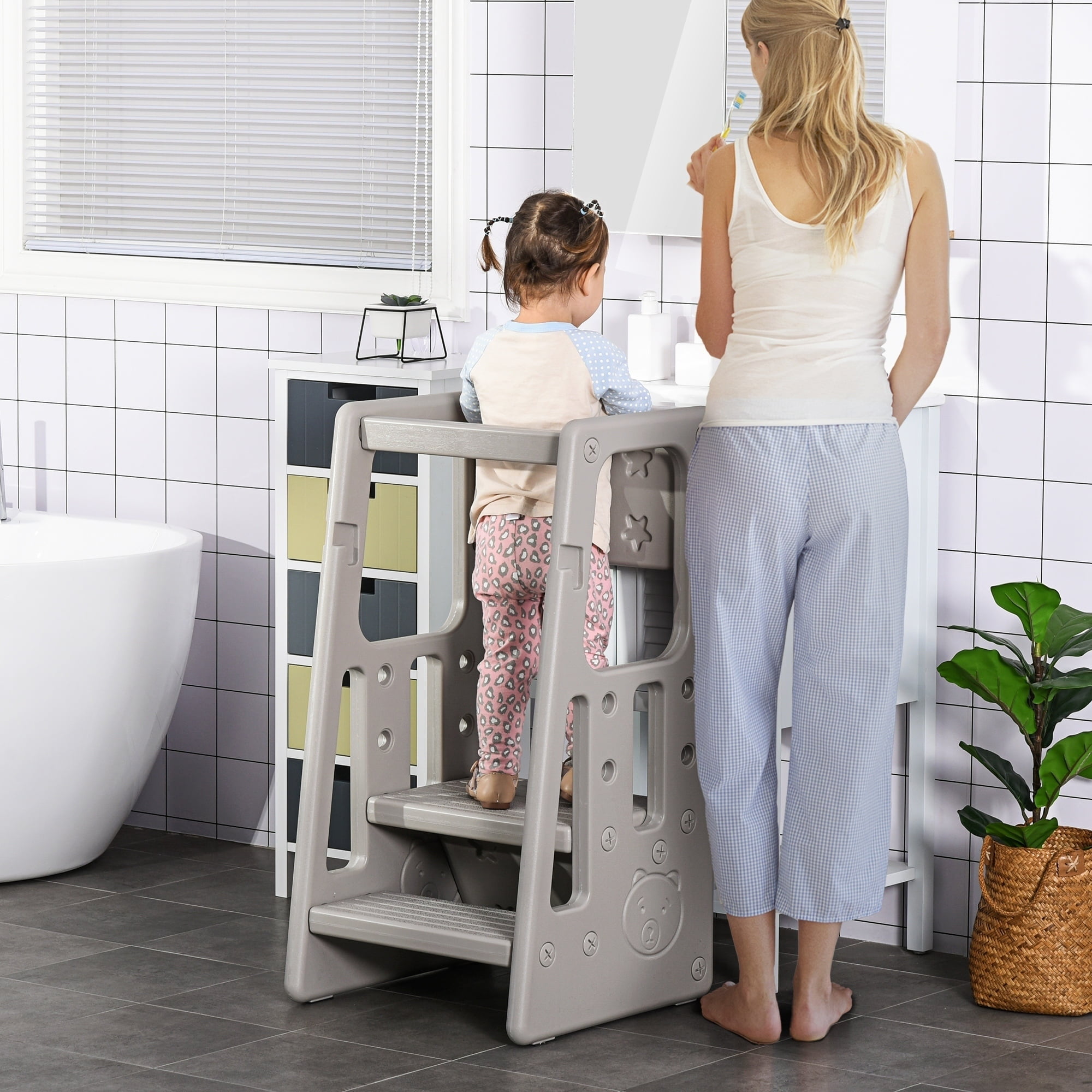 Qaba Kids' Little Helper Adjustable Height Toddler Tower & Kitchen ...