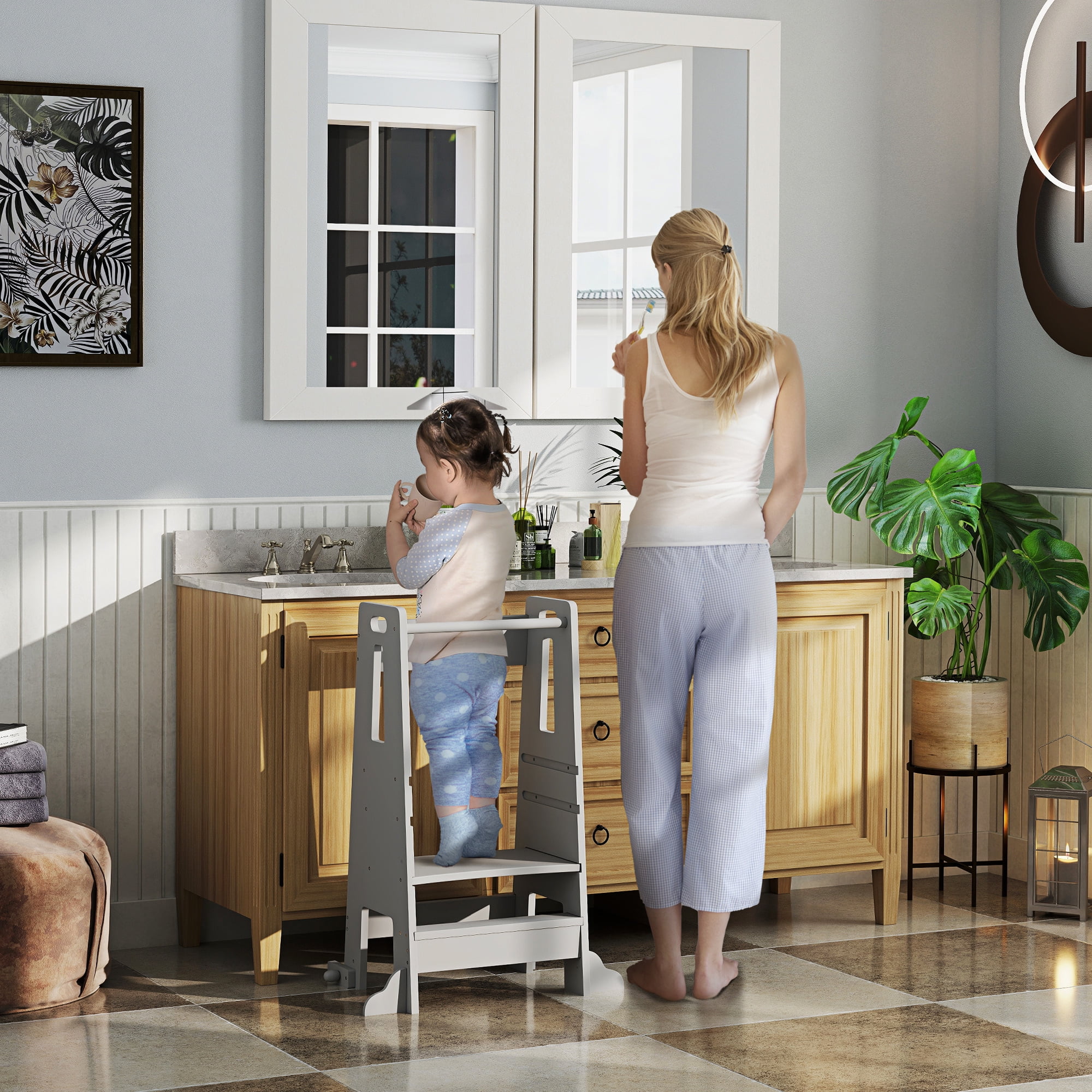 Qaba Toddler Tower with Safety Rail, Adjustable Height Toddler Kitchen ...