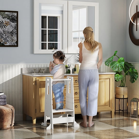 Qaba Toddler Tower with Safety Rail, Adjustable Height Toddler Kitchen ...