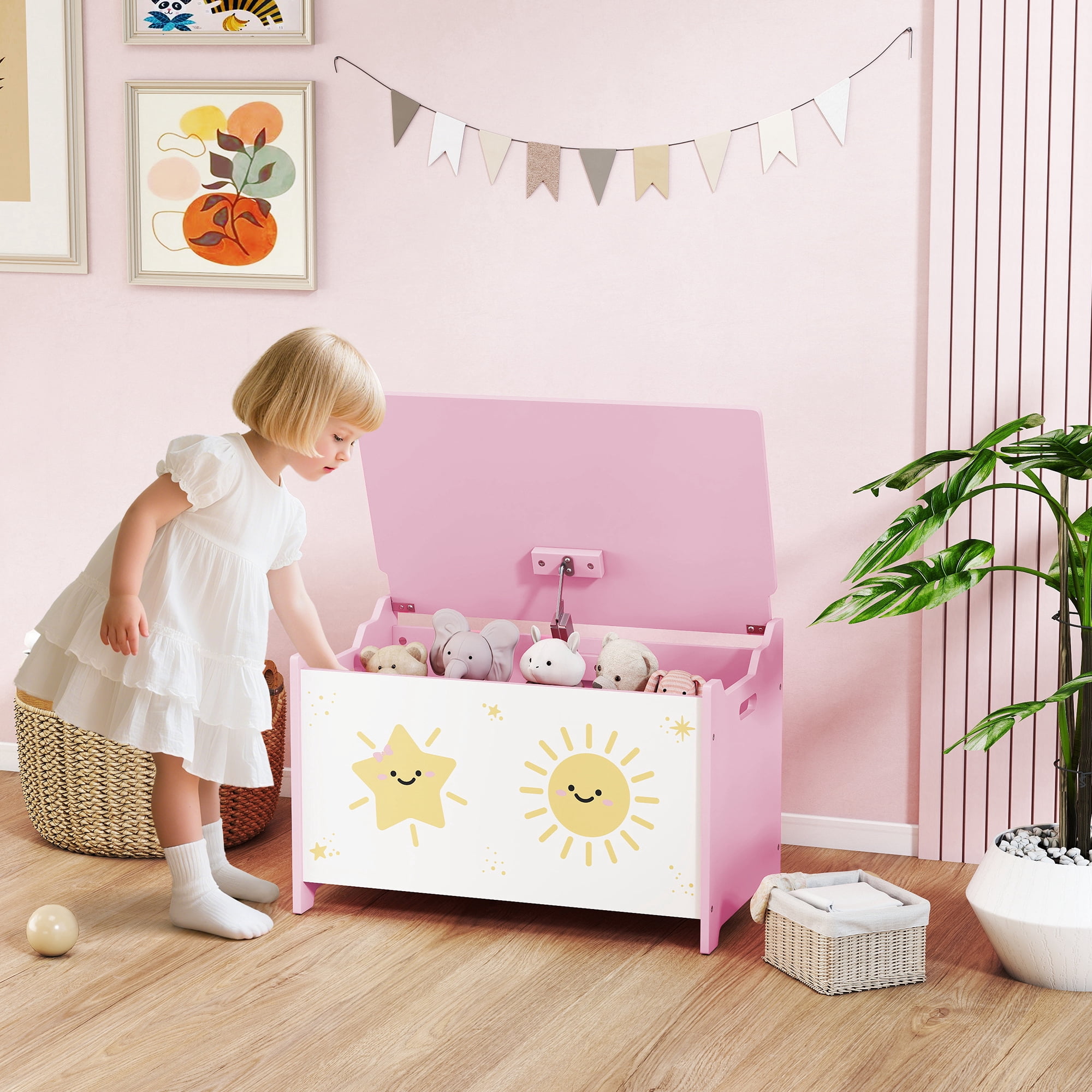 Qaba Toy Box, Toy Chest with Lid, Safety Hinges and Groove Handles ...