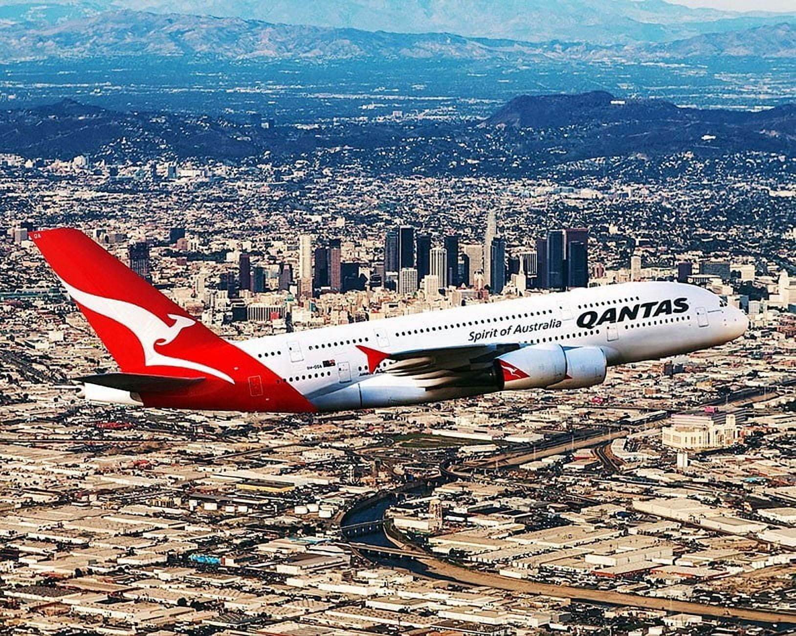 Qantas Airlines Airbus A380-800 over Los Angeles - 12x18 Inch Laminated Aviation Poster ...