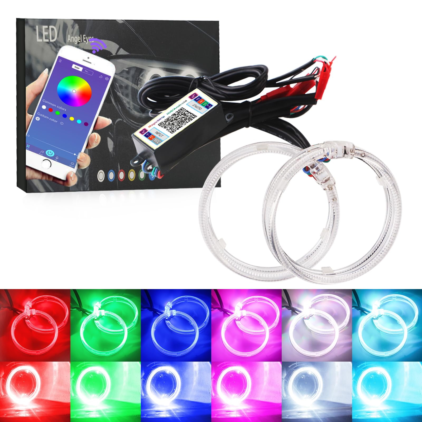 Qasim 90MM RGB Bluetooth CI30 APP Control Angel Eyes Guide Optic Halo Rings DRL Decorative Day ...