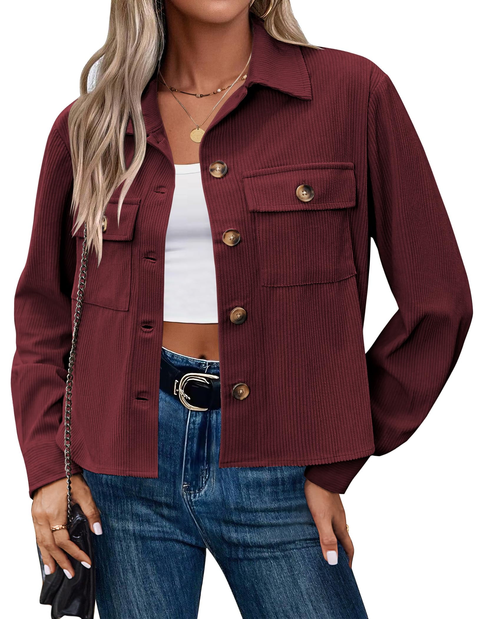 Qaspx Fashion Jackets for Women Casual Cropped Shackets Fall Button-up Shirts Corduroy Tops ...