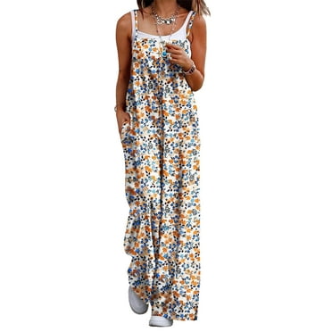 Casual Wide Leg Jumpsuits for Women, Boho Floral Pleated Overalls ...