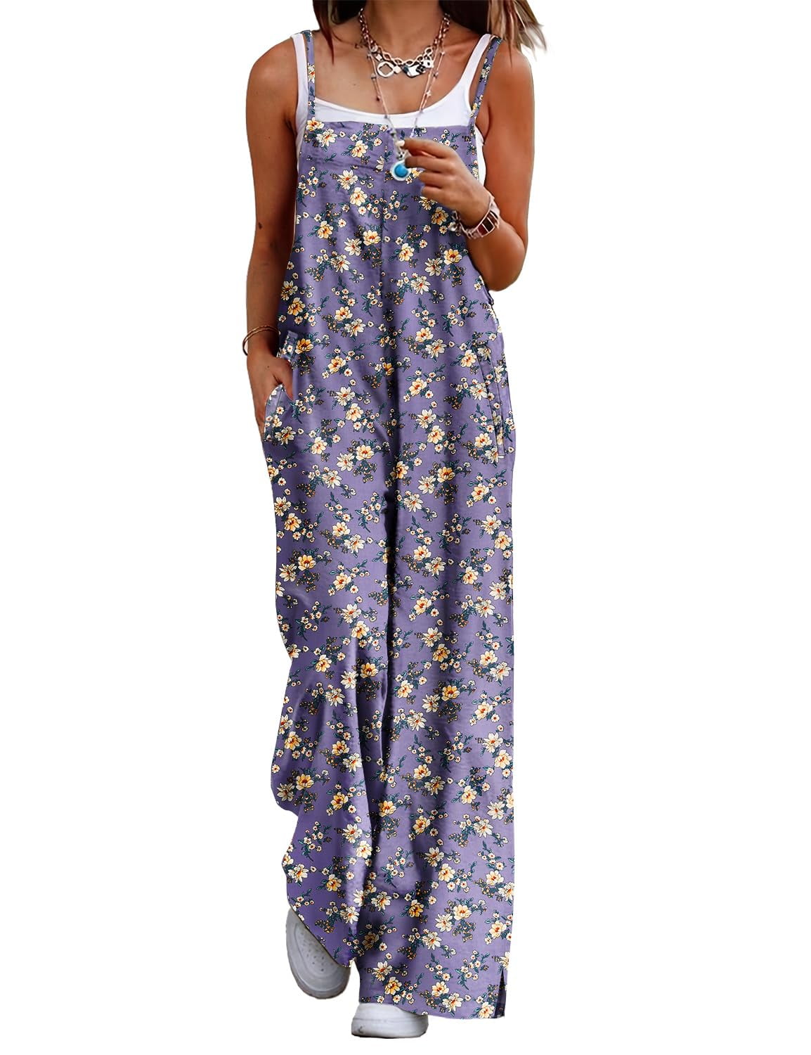 Qaspx Floral Print Jumpsuits for Women Summer Boho Wide Leg Overalls ...