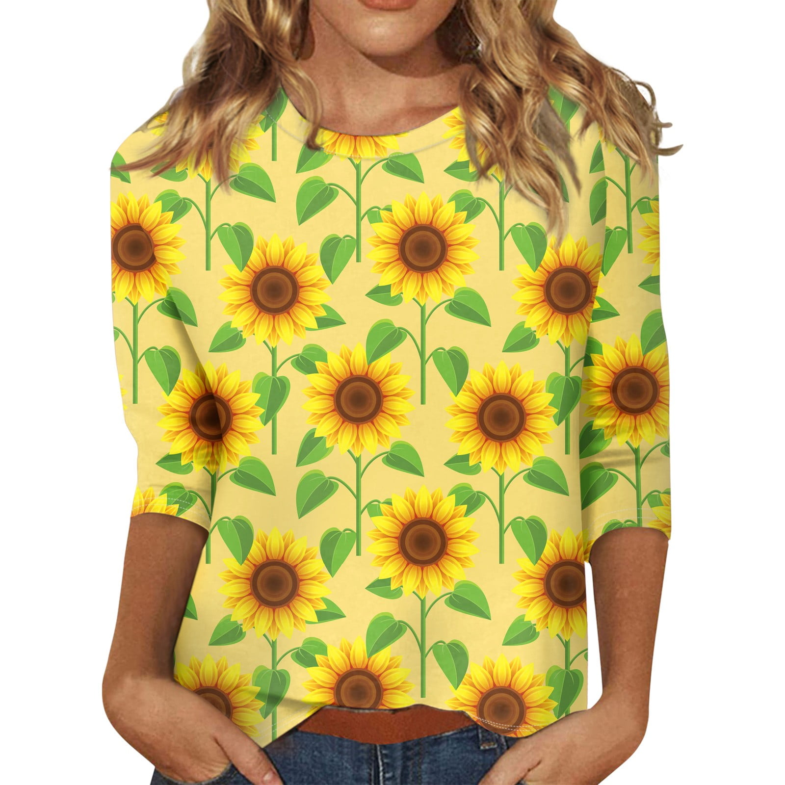 Qcmgmg 3/4 Sleeve Tops for Women Crew Neck Sunflower Shirts Three ...