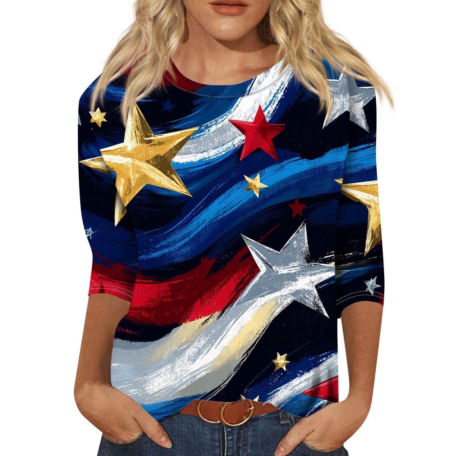 Qcmgmg American Flag Shirts for Women 3/4 Sleeve Fourth of July Tops ...