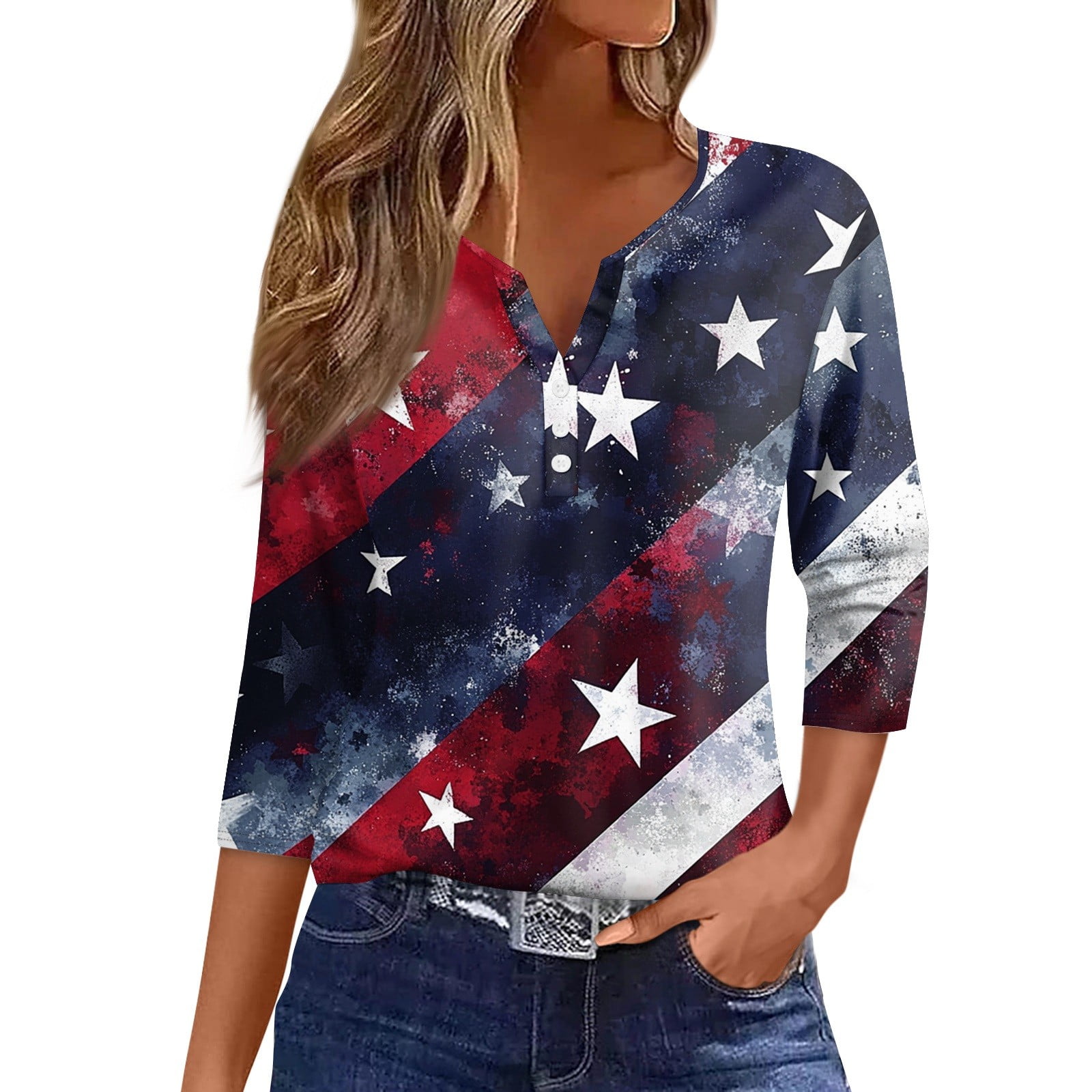 Qcmgmg American Flag Tops for Women 3/4 Sleeve 1776 Red White and Blue ...