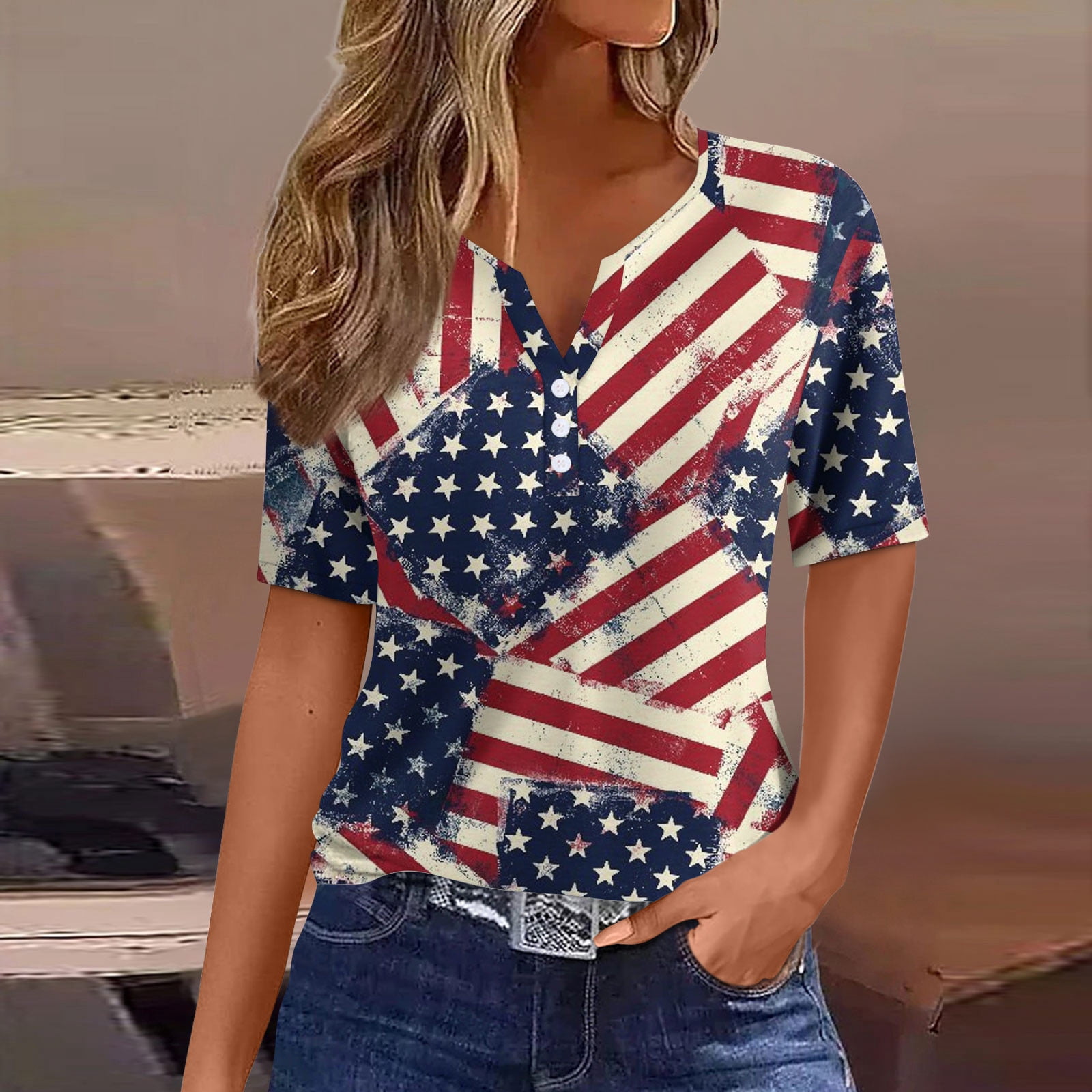 Qcmgmg American Flag Tops for Women Henley V Neck Stars Striped Shirts ...