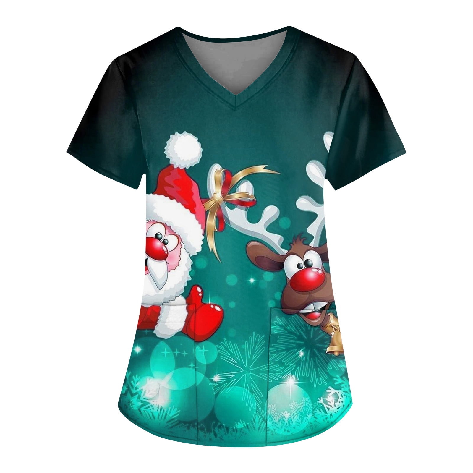 Qcmgmg Christmas Scrub Top for Women V Neck Santa Claus Short Sleeve ...