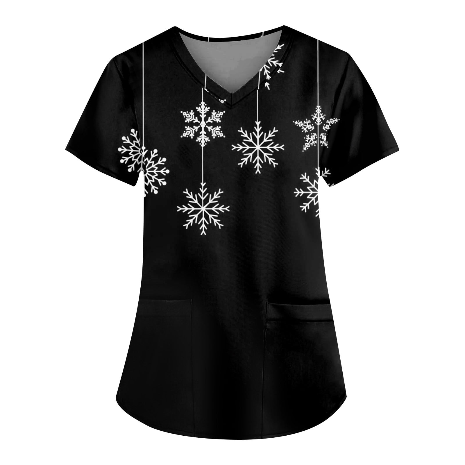 Qcmgmg Christmas Scrub Tops For Woman Short Sleeve Snowflake V Neck