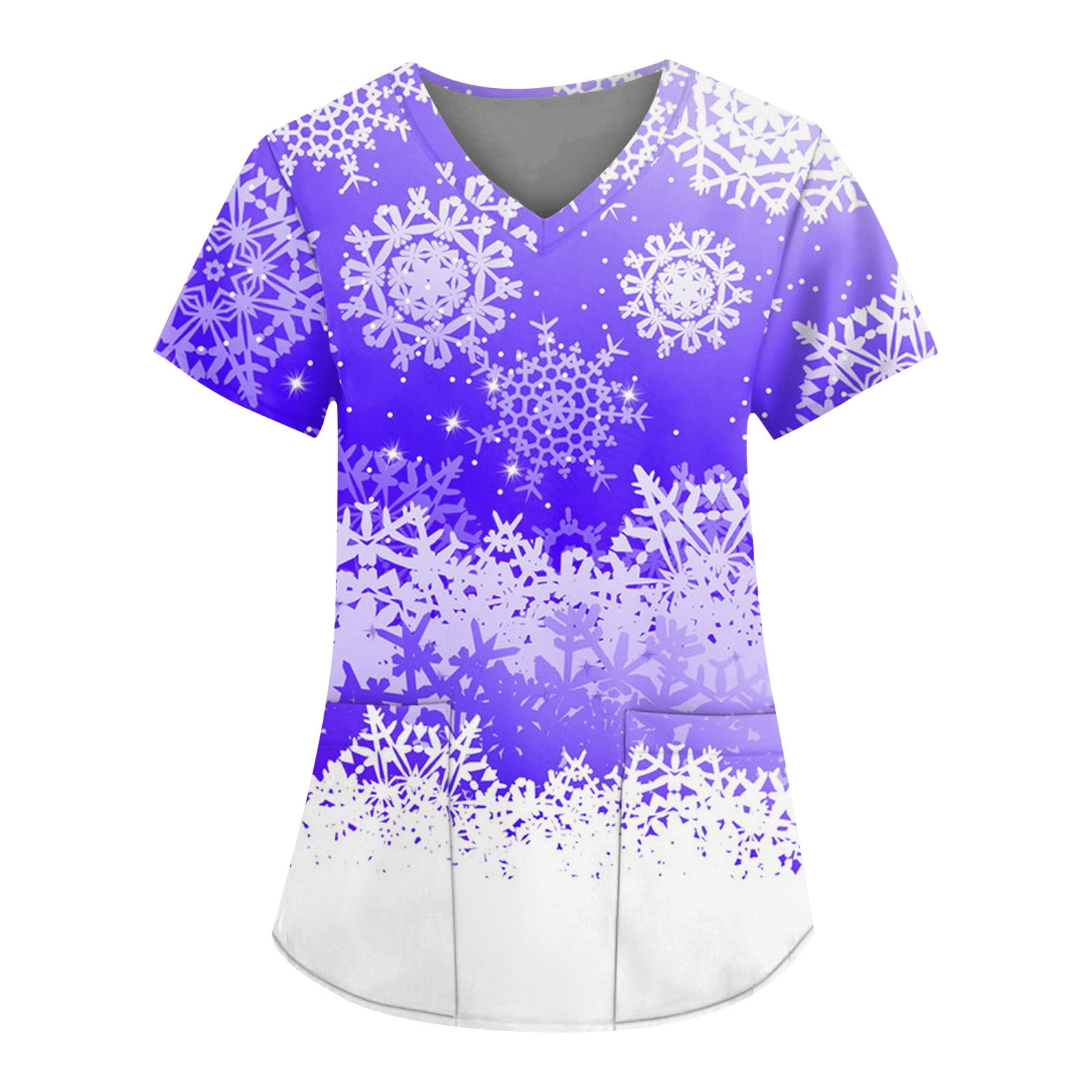 Qcmgmg Christmas Scrub Tops For Woman Short Sleeve V Neck Snowflake