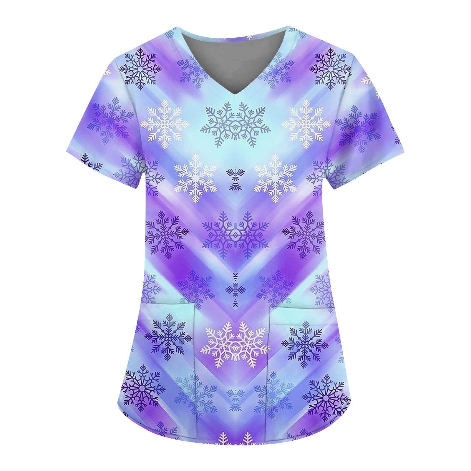 Qcmgmg Christmas Scrub Tops Women Plus Short Sleeve Snowflake V Neck