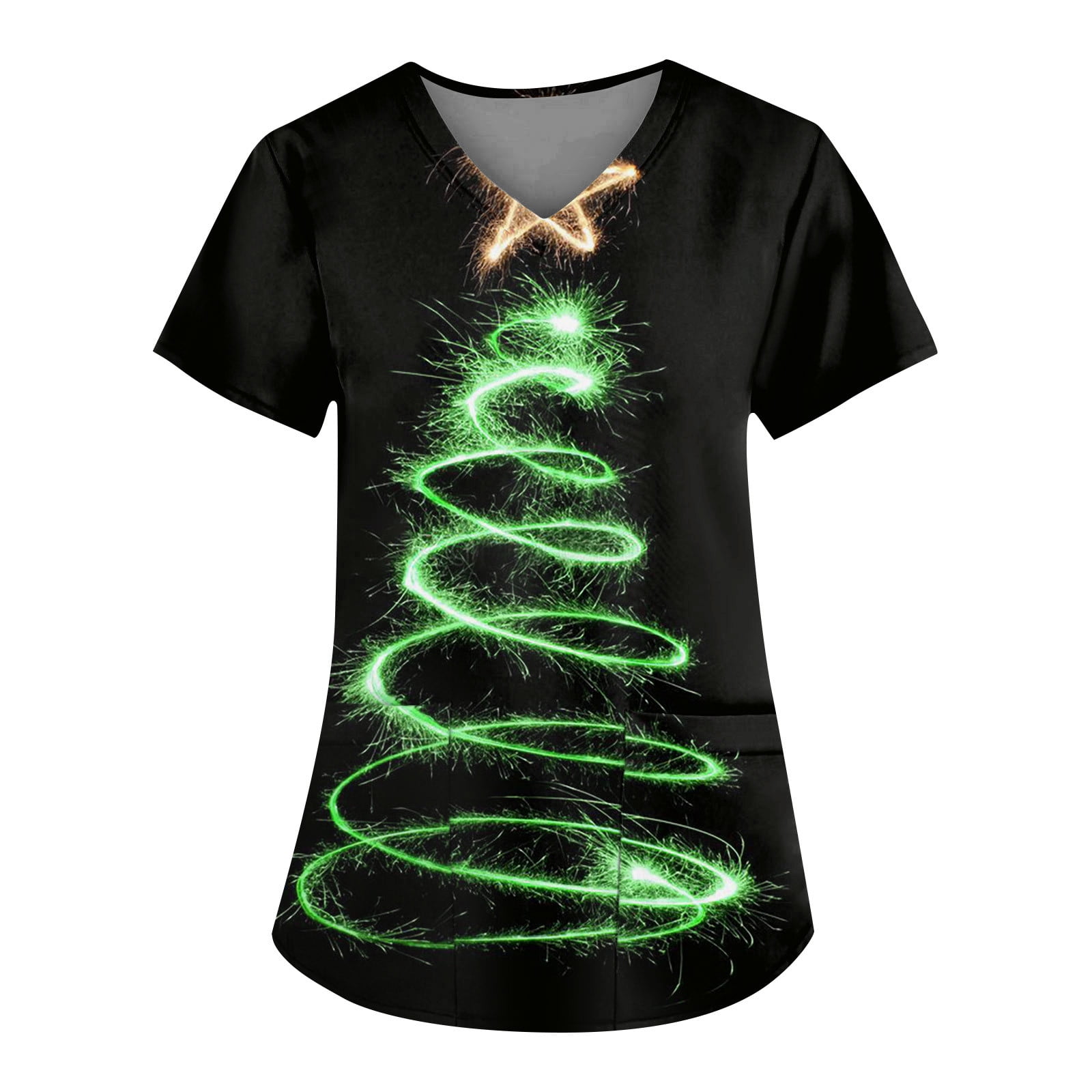 Qcmgmg Christmas Scrub Tops Women Christmas Tree V Neck Short Sleeve