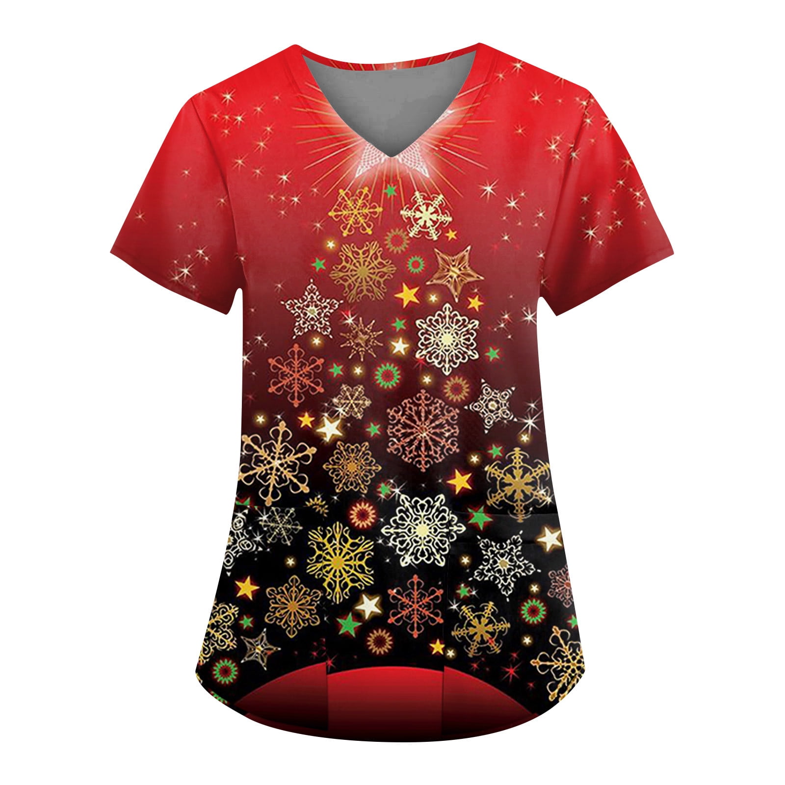 Qcmgmg Christmas V Neck Scrub Tops Women Short Sleeve Snowflake