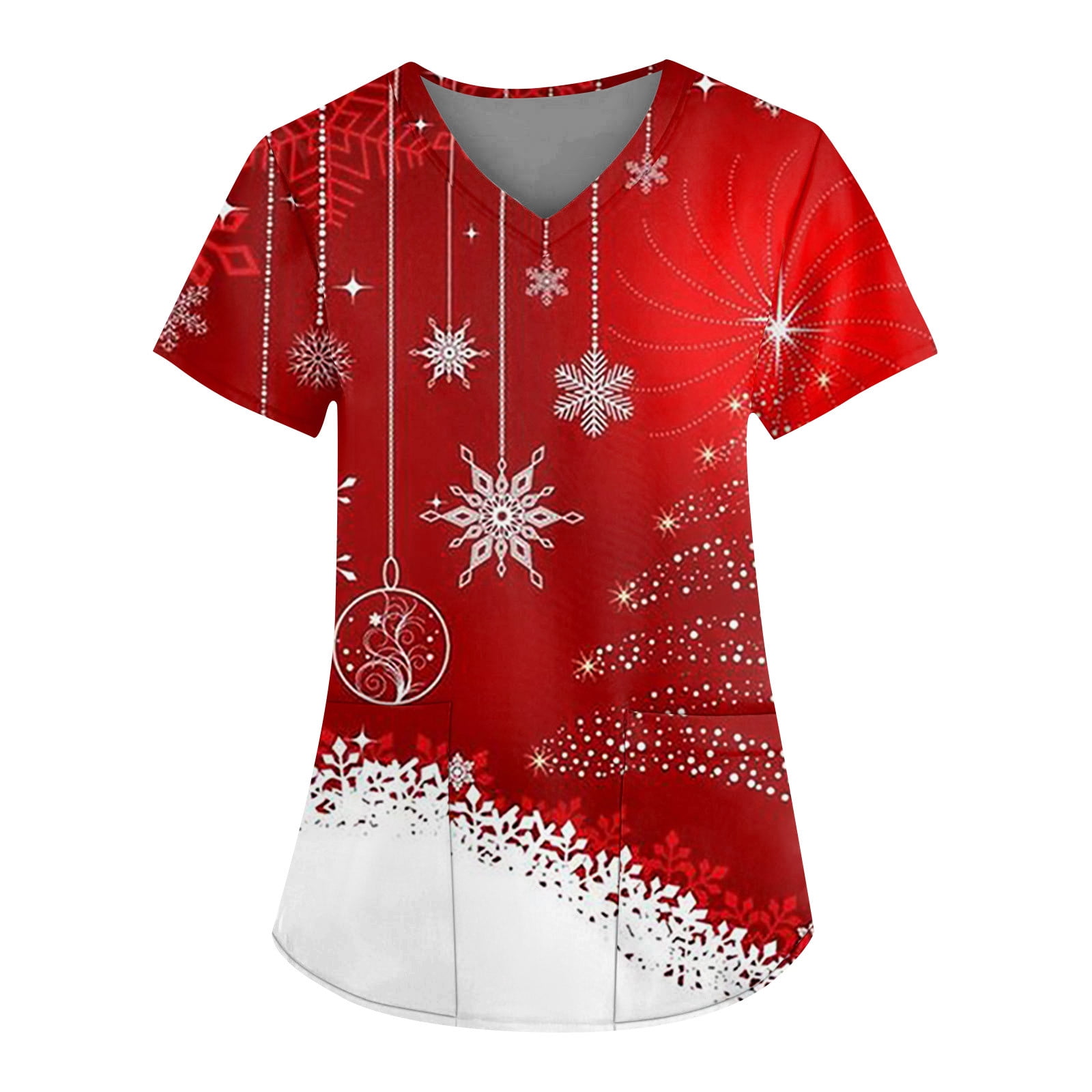 Qcmgmg Christmas Women Scrub Top Snowflake Short Sleeve V Neck Nurse