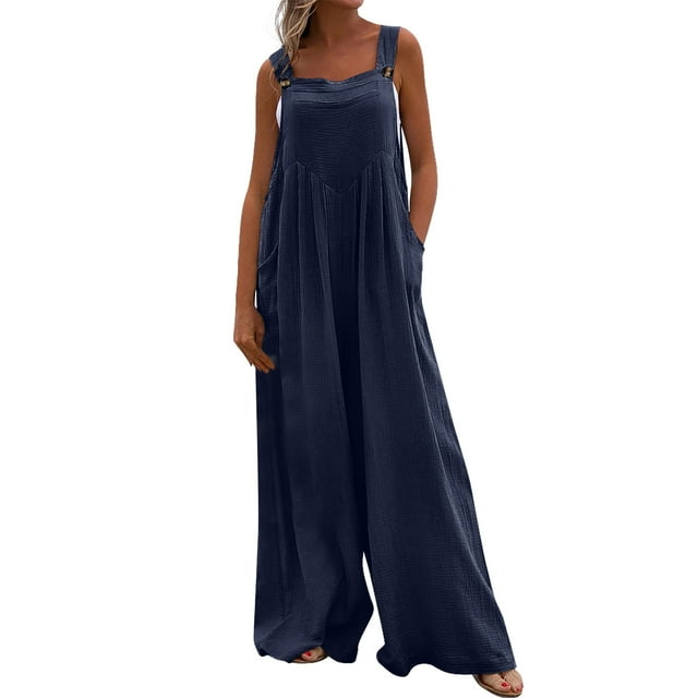 Qcmgmg Fall Jumpsuits For Women Button Bohemian Overalls For Women Sleeveless Wide Leg Bib Pants