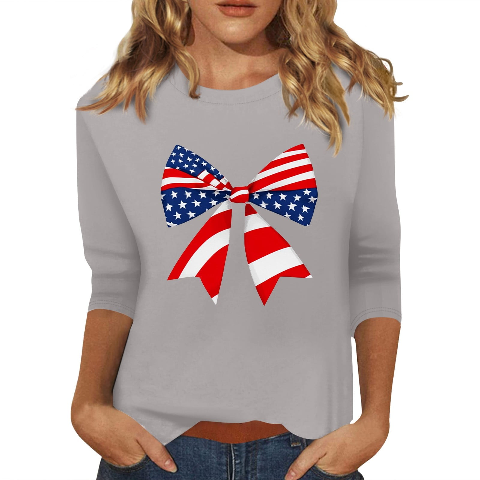 Qcmgmg Fourth Of July Shirts Women 3/4 Sleeve Patriotic Memorial Day ...