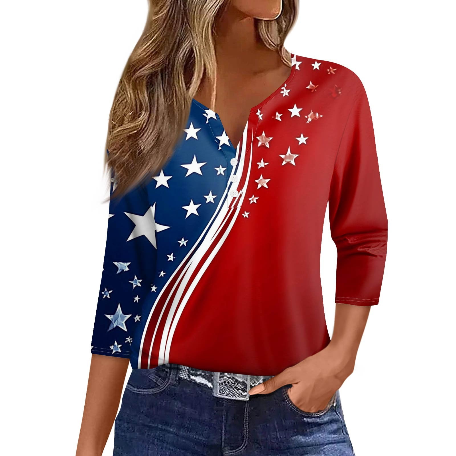 Qcmgmg Fourth Of July Shirts for Women Plus Size 3/4 Sleeve 1776 Memorial Day Tops Crew Neck ...