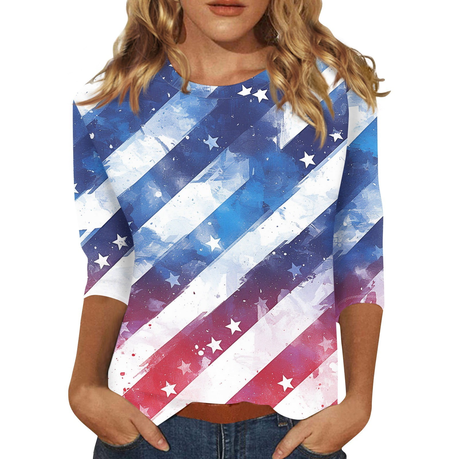 Qcmgmg Fourth Of July Shirts for Women Plus Size 3/4 Sleeve American Flag USA Flag Tops Casual ...